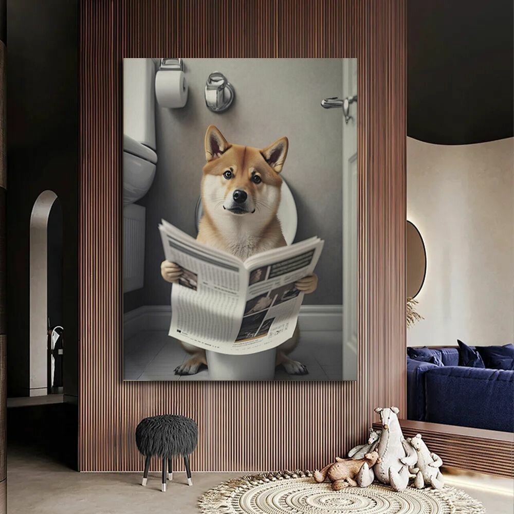 Картина в туалет ВсеКартины. тут "Сиба-Ину на унитазе", холст, дерево, на подрамнике, 30x20 см