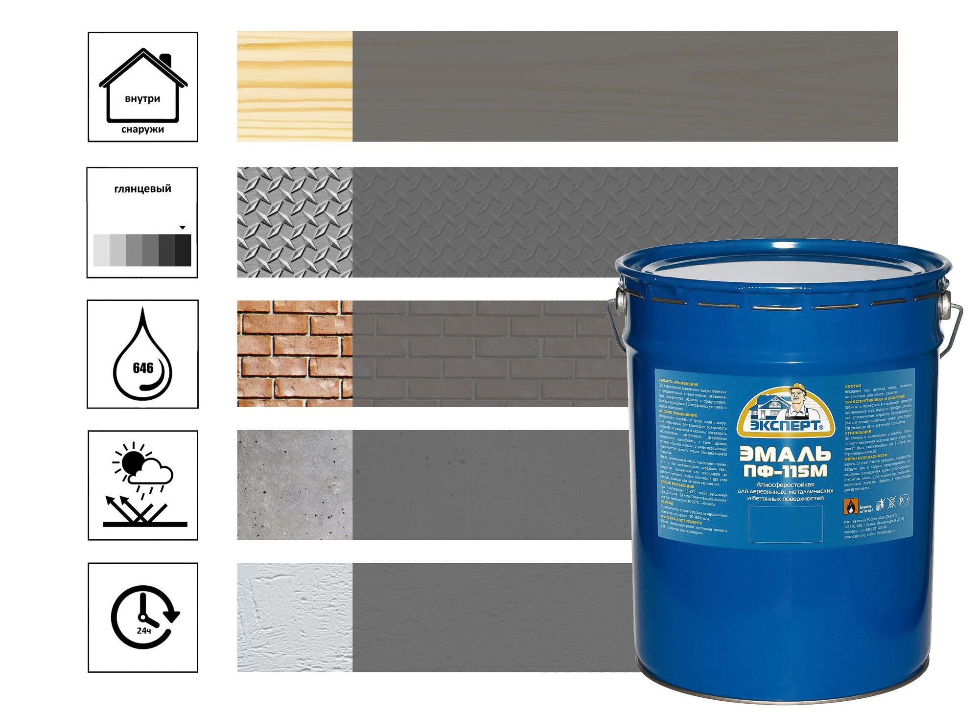 Эмаль Эксперт 0957542, алкидная, атмосферостойкая, глянцевая, серая, для дерева, металла, бетона, 20 кг