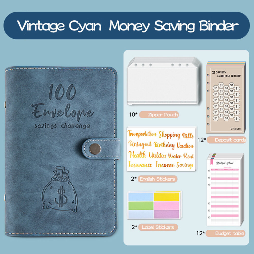 100 Envelopes Money Saving Challenge Budget Binder PU Leather Cover with Cash Envelope PVC Pocket Zipper/Budget Cards /Lable Stickers Used as Organizer System Planner Birthday Gift for Friends Colleagues Office Home School