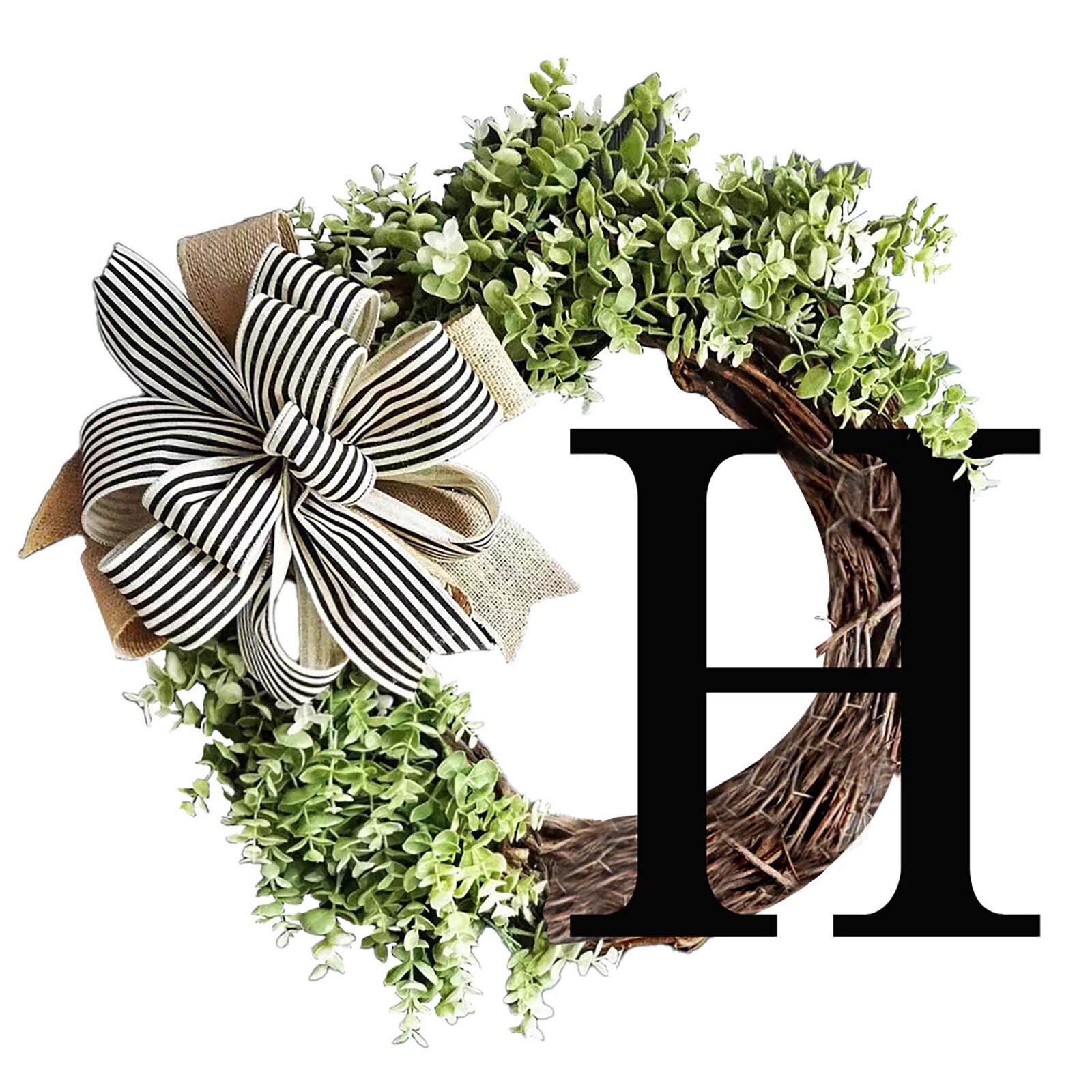 Front Door Wreath with Bow Hanging Welcome Garland for Courtyard Outdoor Decoration Wooden Letter H
