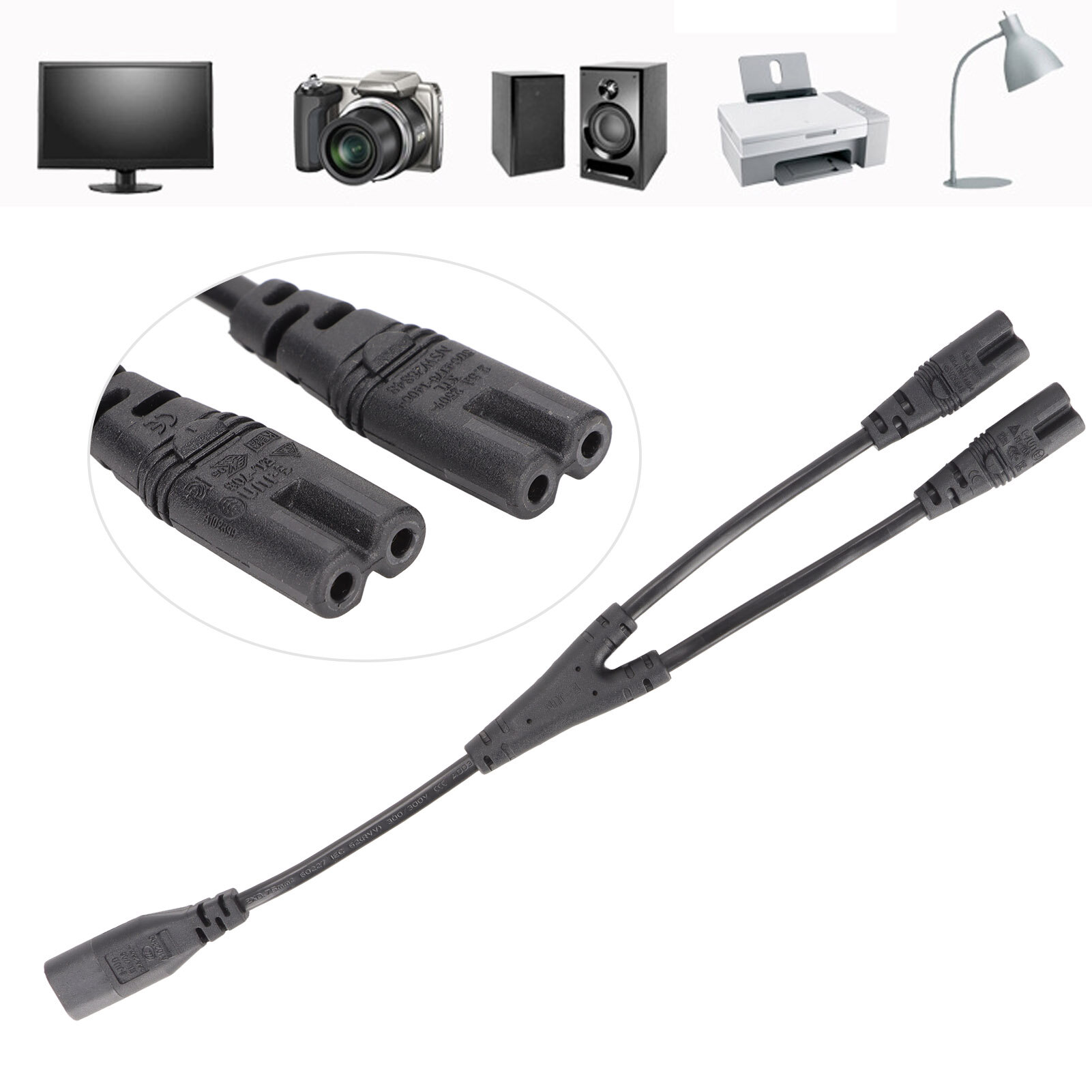 Шнуры питания IEC320 C8 на два IEC320 C7 Y-разветвление Мужской на Два Женских 1 вход 2 выхода Кабель питания AC 0.3м/0.98фут, материал ПВХ, медный проводник, номинальная мощность 1500Вт, длина 0.3 метров, для ламп, колонок, мониторов, принтеров, камер,