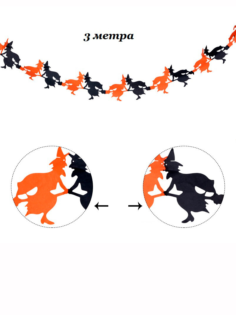 Гирлянда бумажная "Ведьма на метле", на Хэллоуин, черно-оранжевая