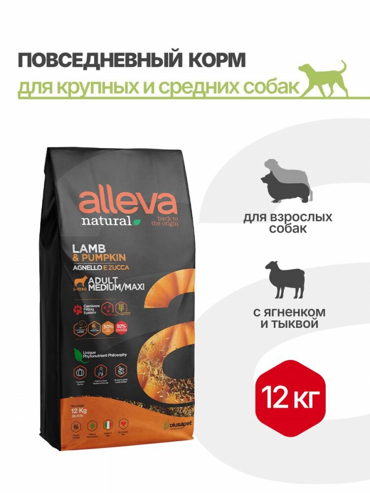 Alleva Natural Adult Lamb & Pumpkin Medium/Maxi сухой корм для взрослых собак с ягненком и тыквой, 12 кг