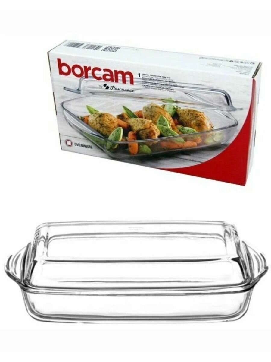 Жаропрочная форма, блюдо прямоугольное для запекания с крышкой 34х19х7 см Borcam NON STICK 2750 мл, прозрачная. Форма для запекания, выпечки. В брендовой упаковке. Турция.