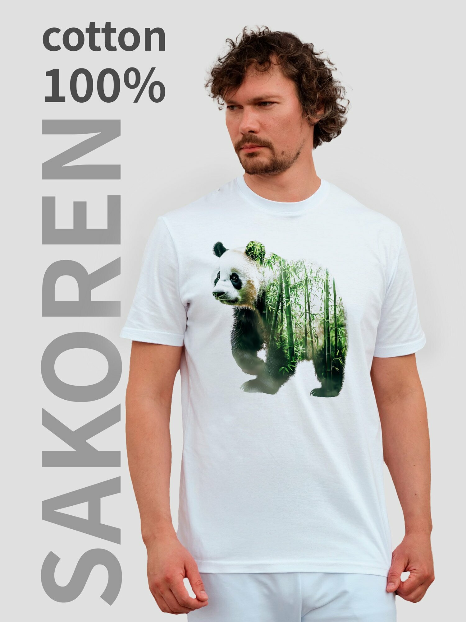 Футболка классическая мужская с авторским принтом Панда черно-белая, оригинальная с зеленым бамбуком и лесом со смыслом, белый хлопковый трикотаж с прикольным рисунком на груди