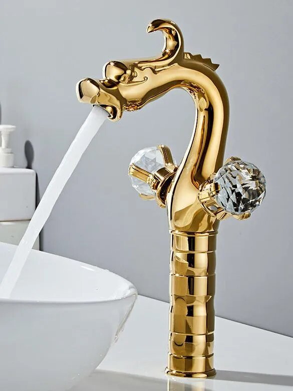 Смеситель для ванной комнаты в европейском стиле в форме дракона, двойная ручка из хрусталя, для горячей и холодной воды, латунь