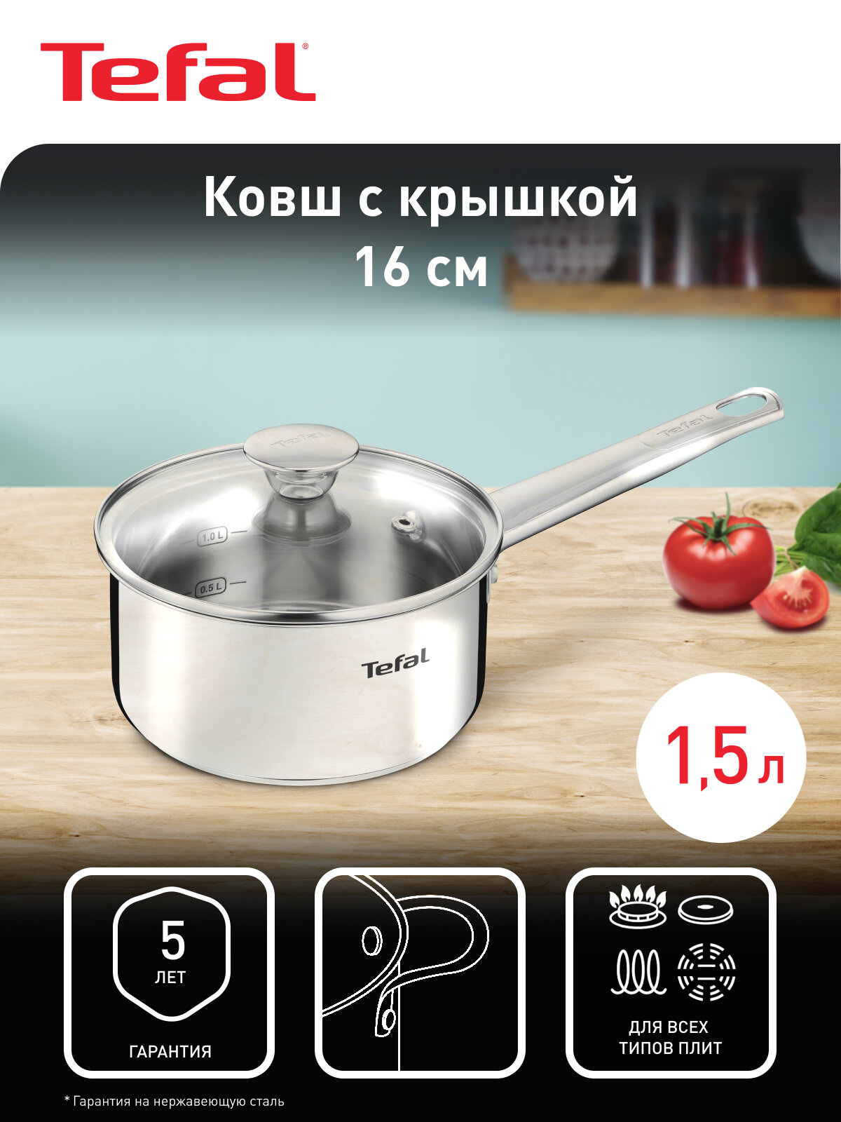 Кухонный ковш 1.5 л 16 см Tefal Cook Eat B9212274 с крышкой, из нержавеющей стали, с мерной шкалой, для всех типов плит, включая индукционные, гарантия на нержавеющую сталь 5 лет