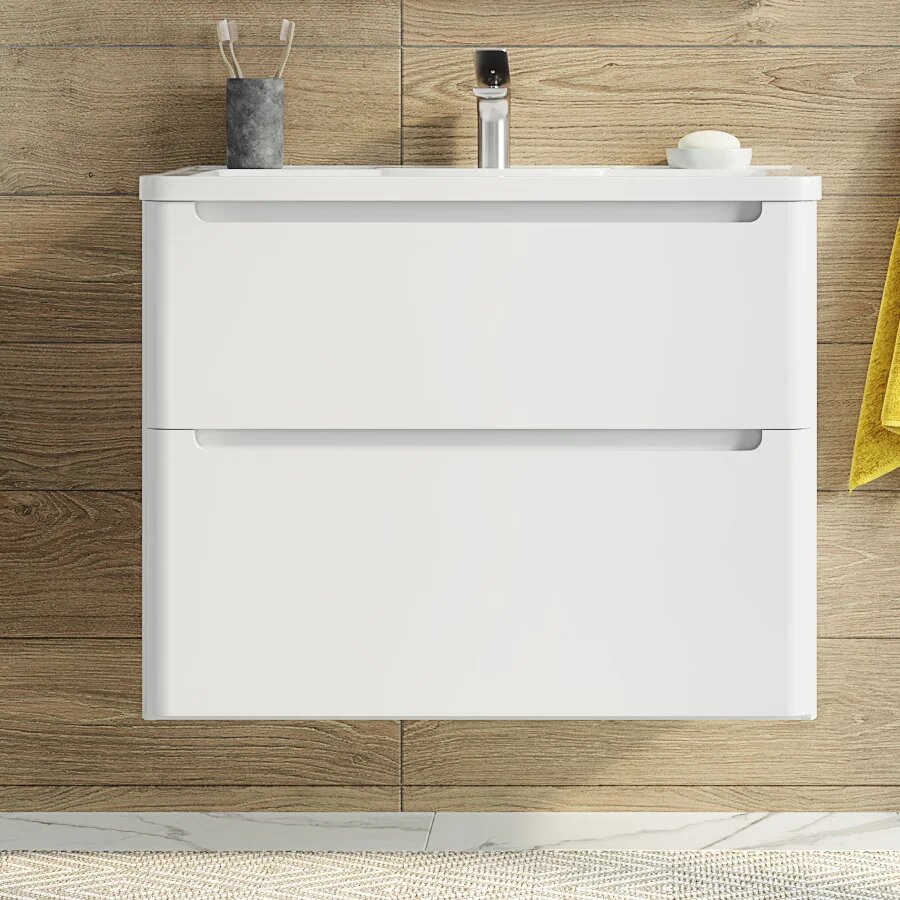 Тумба с раковиной STWORKI Монтре 80 подвесная, 79, 7 см, белая, глянцевая, из МДФ, с ящиками, раковина для ванной из искусственного мрамора, прямоугольная, с сифоном