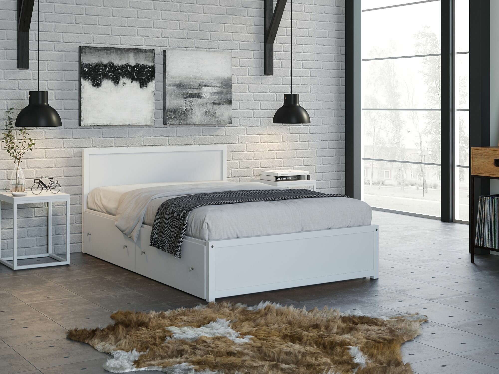 Кровать полутороспальная Титан Лофт 120х190 с выкатными ящиками белый/белый