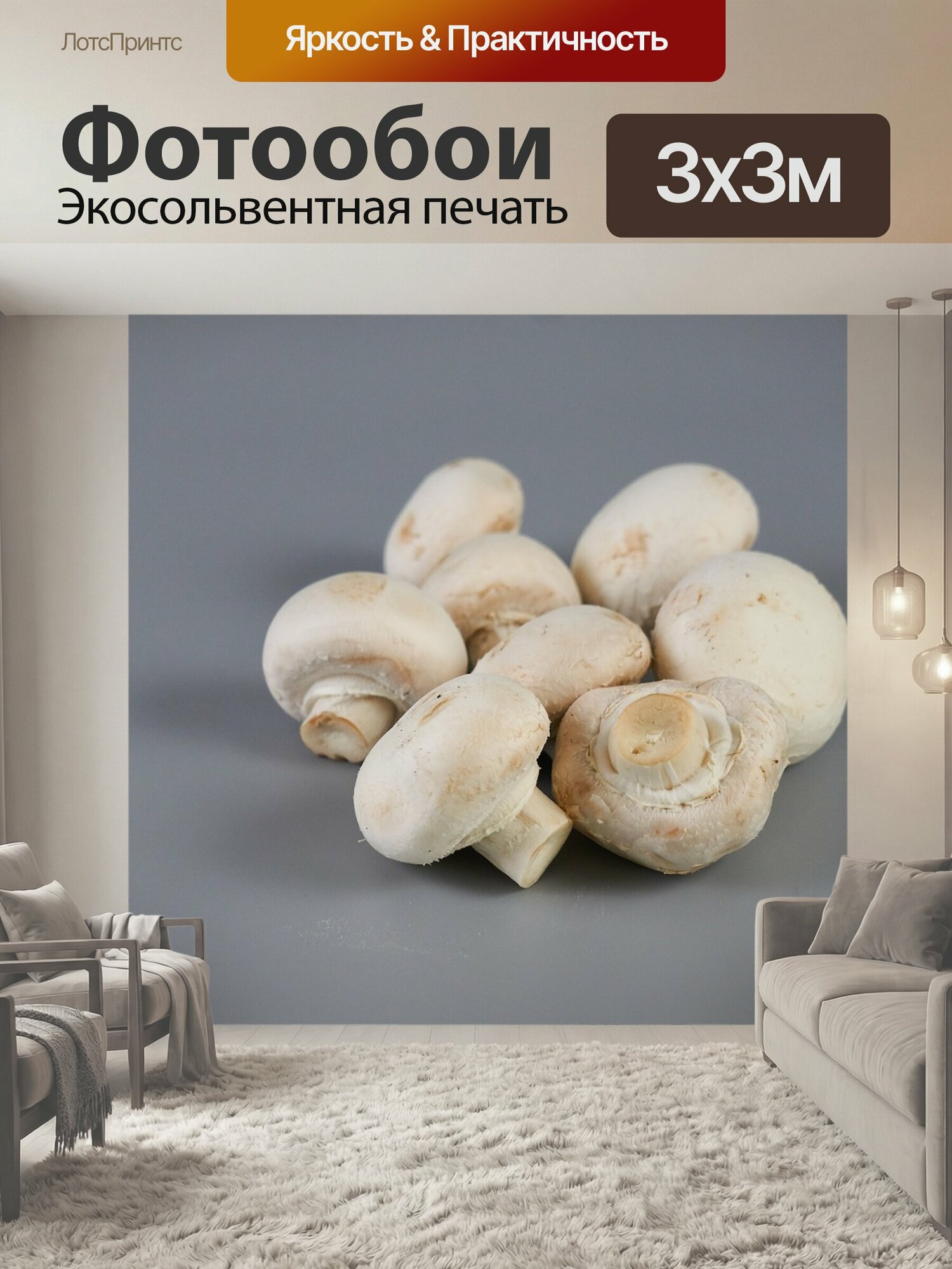 Фотообои "Шампиньоны, микологии, съедобные грибы" 300x300 см. экосольвентная печать