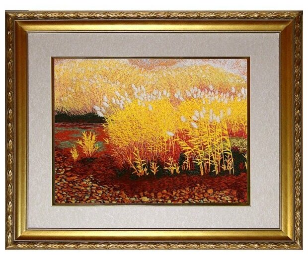 Декоративная настенная картина Живой Шелк Золотое поле, вышивка шелком ручная с 3Dэффектом/см 55х45х3/багет+паспарту