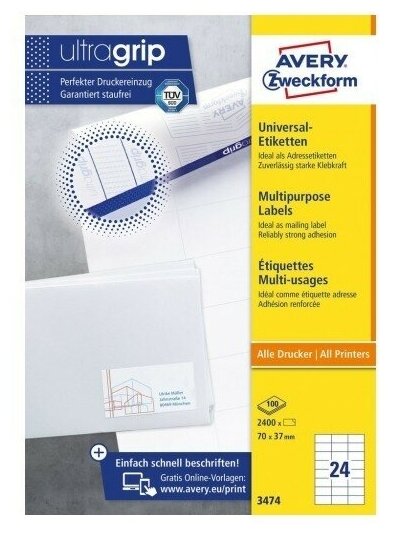Этикетки цветные самоклеящиеся Avery Zweckform, 70 x 37 мм, 24 штуки на листе, 100 листов