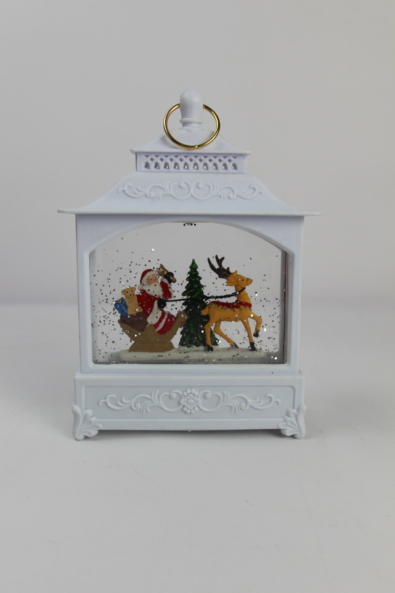 "Новогодний" фонарь DS-019- "Дед Мороз на санях запряженный оленем", LED, USB, музыка, подсветка, 3*ААА, 19х6х14 см, цвет белый