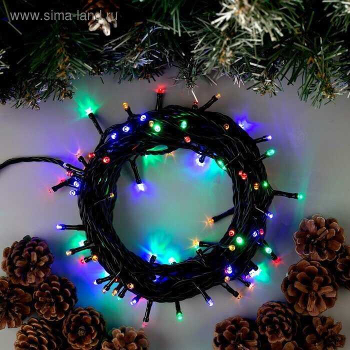 Гирлянда Нить 10 м, IP44, тёмная нить, 100 LED, свечение мульти, 8 режимов, 220 В