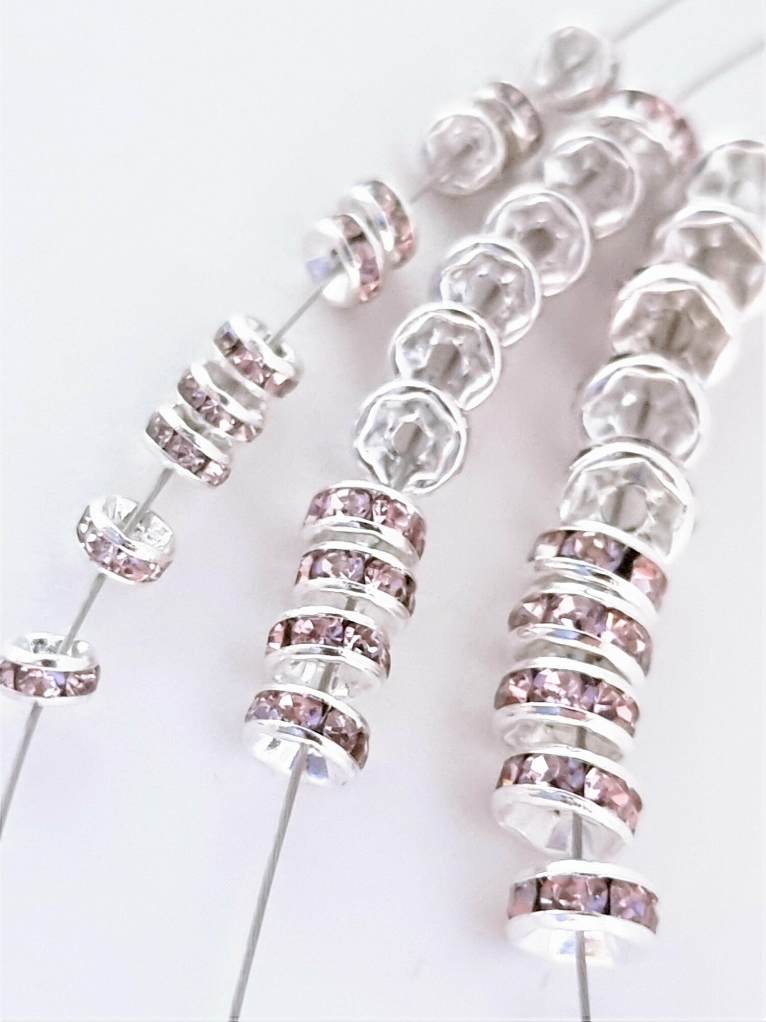 Рондели со стразами. Розовые в серебре. 6,5,4мм. 30шт.