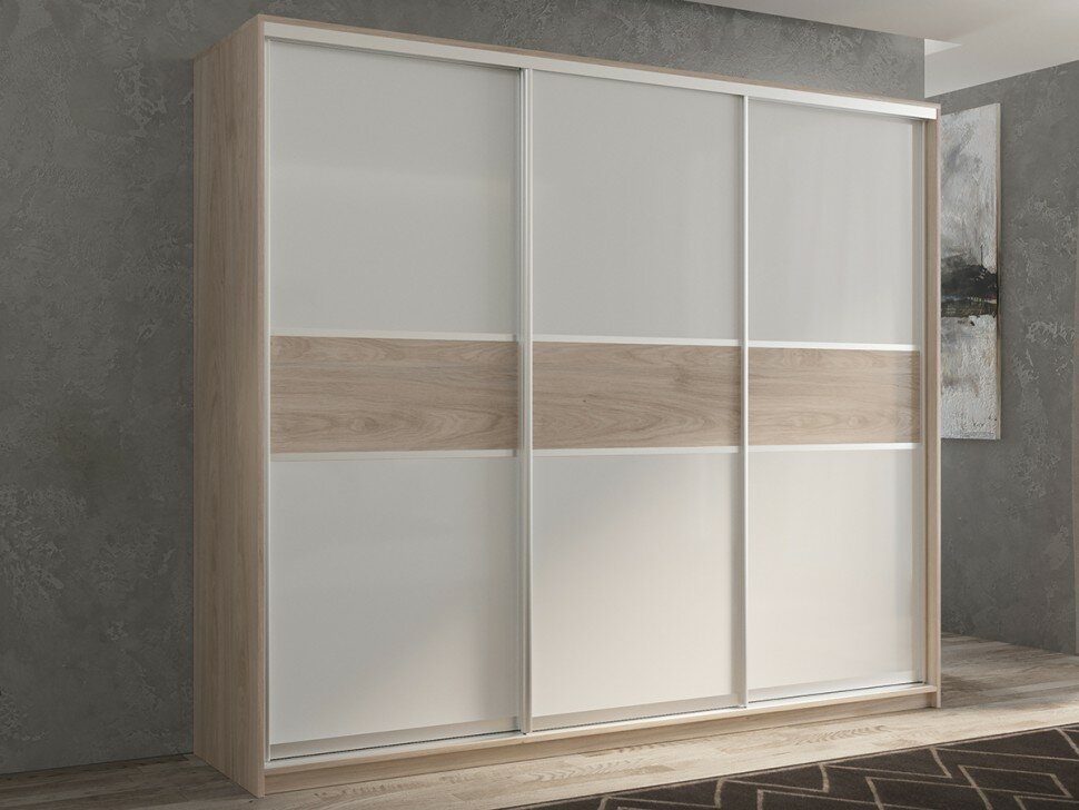 Шкаф купе для одежды Кастелло 3, Оракал белый, МФ-Купе, 220х45х220, платье/белье/платье, цвет ясень шимо светлый
