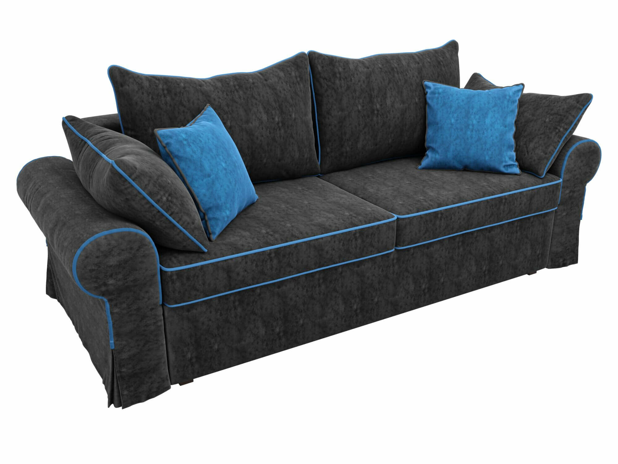 Artum Диван прямой Элис велюр черный с голубыми подушками