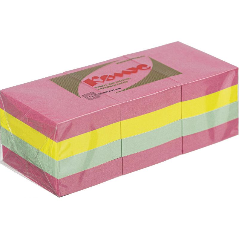 Стикеры Комус с клеев. краем 38х51 неон. цвета 12 блоков 154927