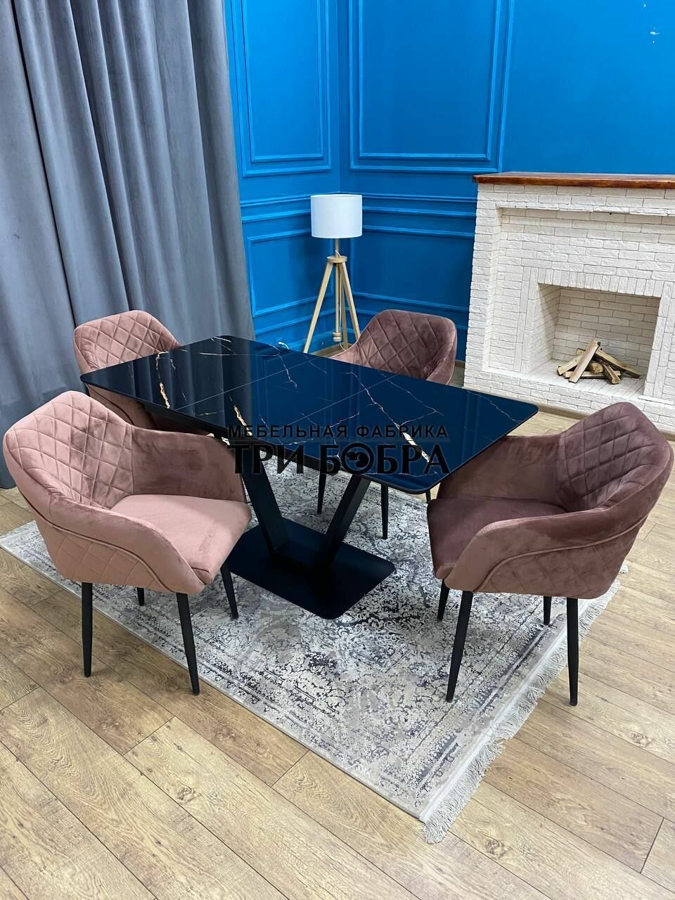 Стол кухонный раздвижной, стулья для кухни комплект 4 шт, ТРИ бобра, "леон", черный мрамор , 120х80х77 см