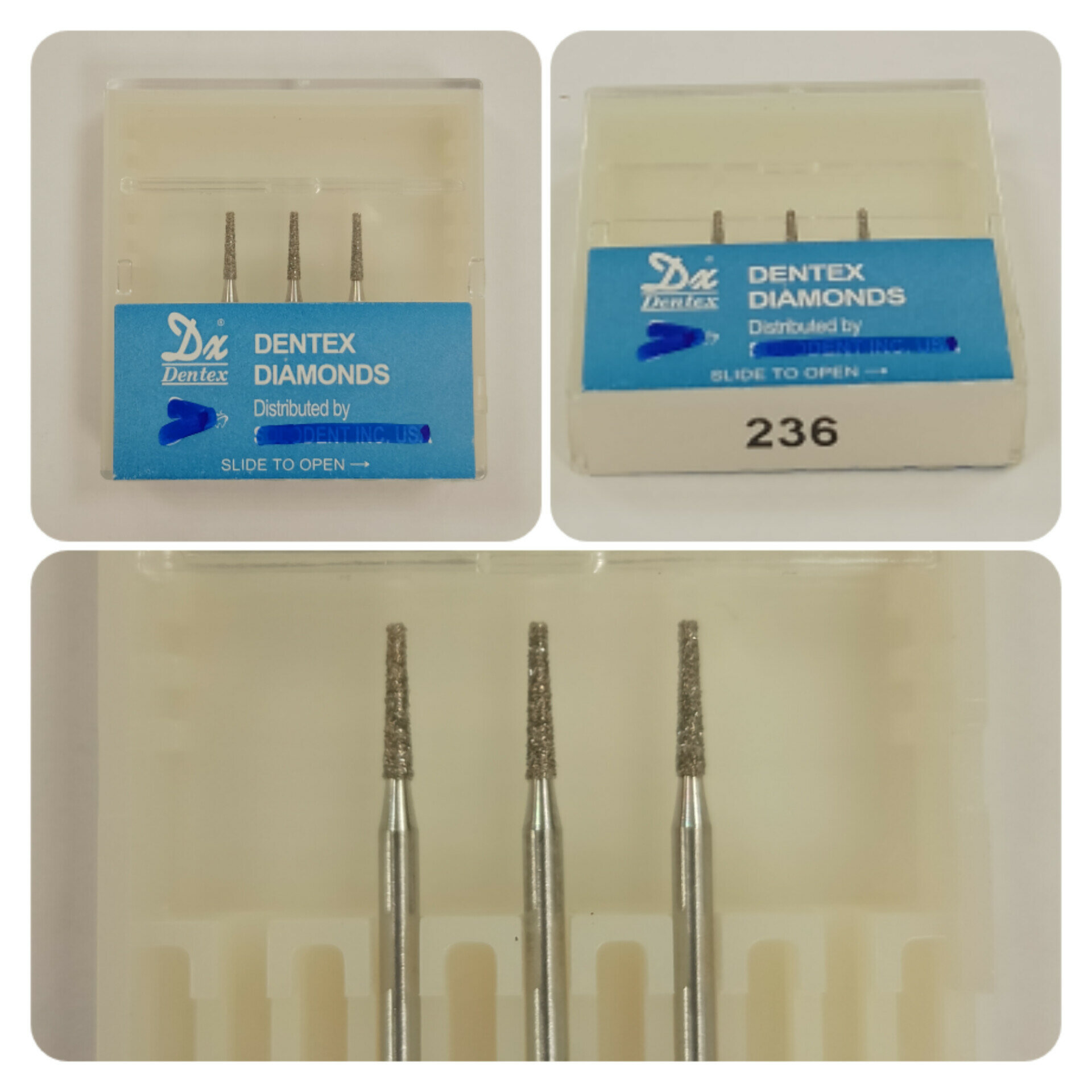 Боры стоматологические Dentex алмазные турбинные, конус с плоским концом, №236 размер 014, 3 штуки