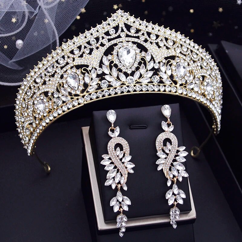 Корона с кристаллами, серьги, Gold White