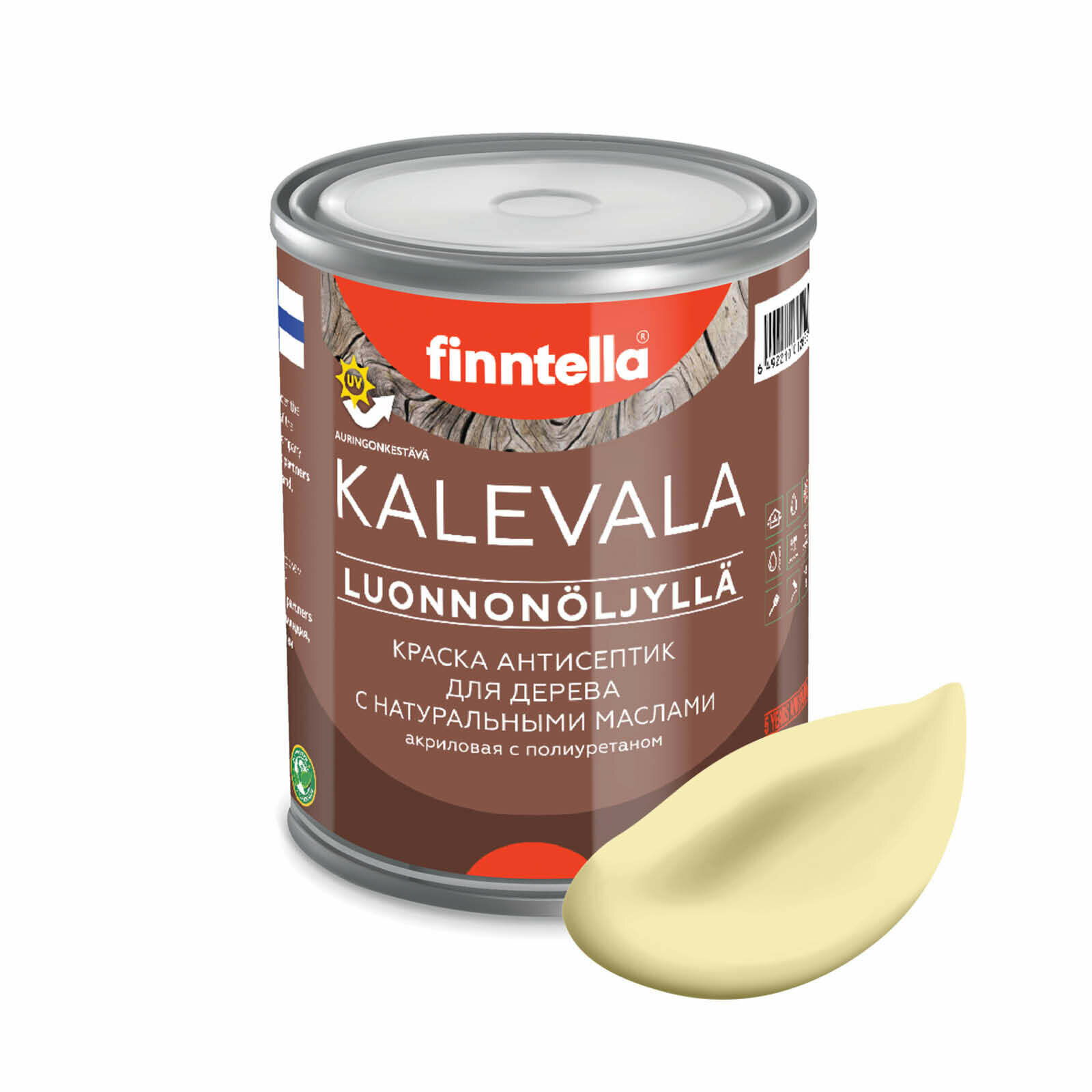 Краска для дерева и деревянных фасадов FINNTELLA KALEVALA, с натуральным маслом и полиуретаном, цвет SADE (Светло-жёлтый) , 0,9л