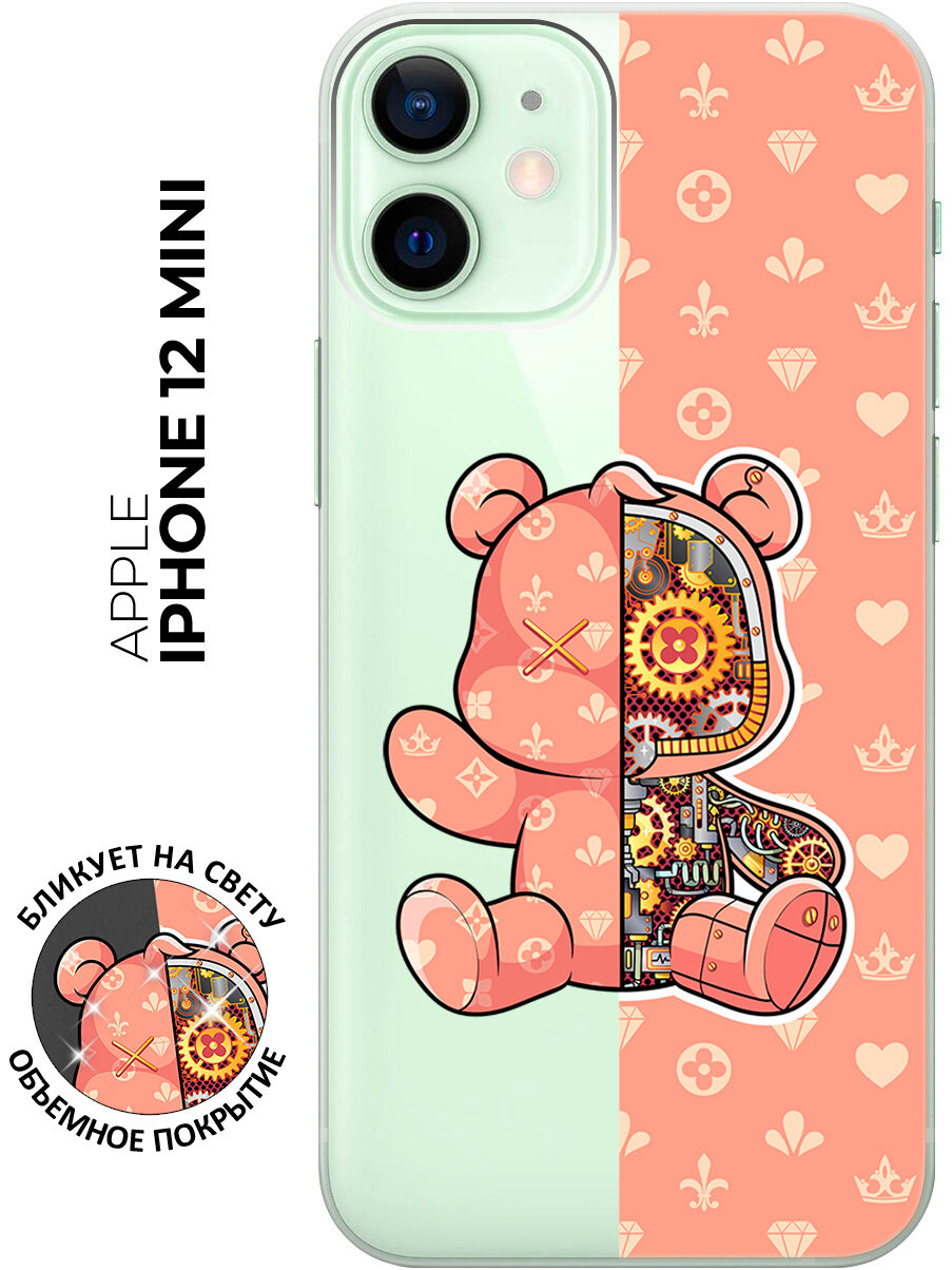 Силиконовый чехол на Apple iPhone 12 Mini с принтом "Персиковый Мишка с механизмом" прозрачный