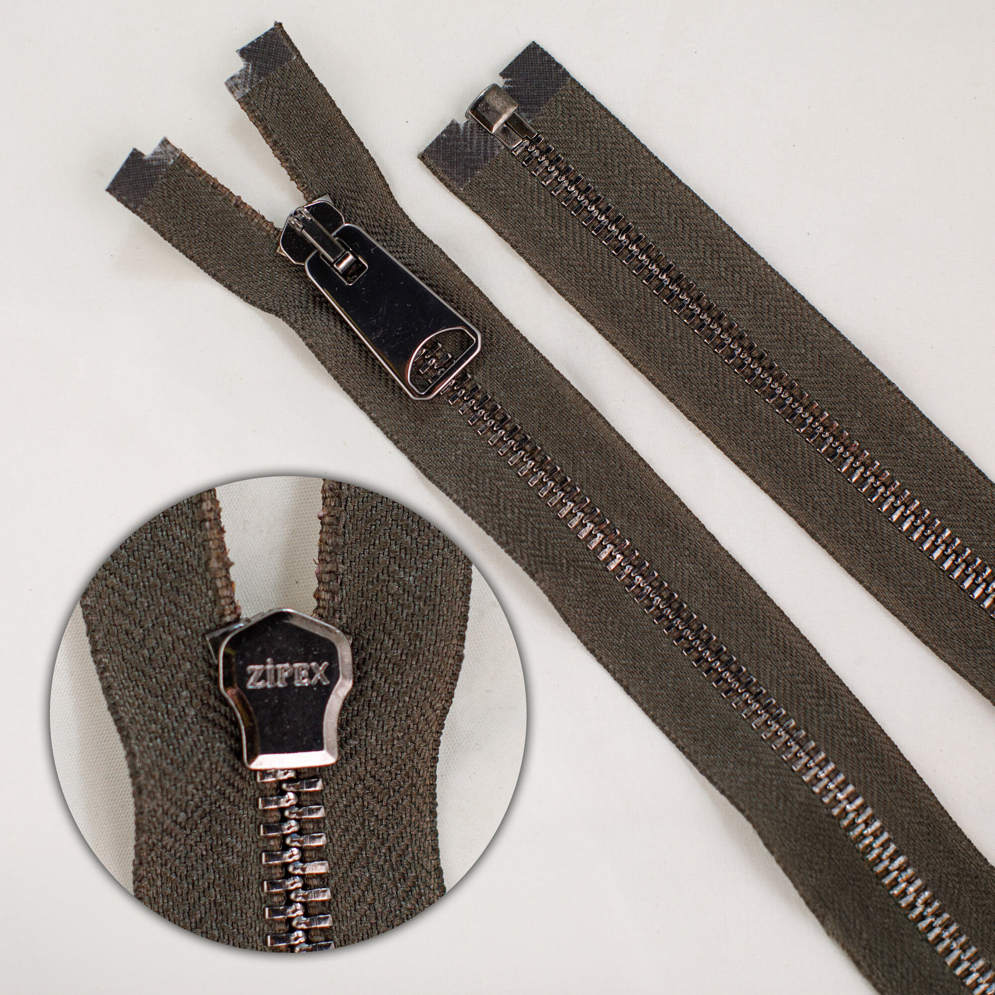 Молния Zipex металлическая Т8 1-замковая, тёмный никель, 75 см, 1шт/упак, хаки