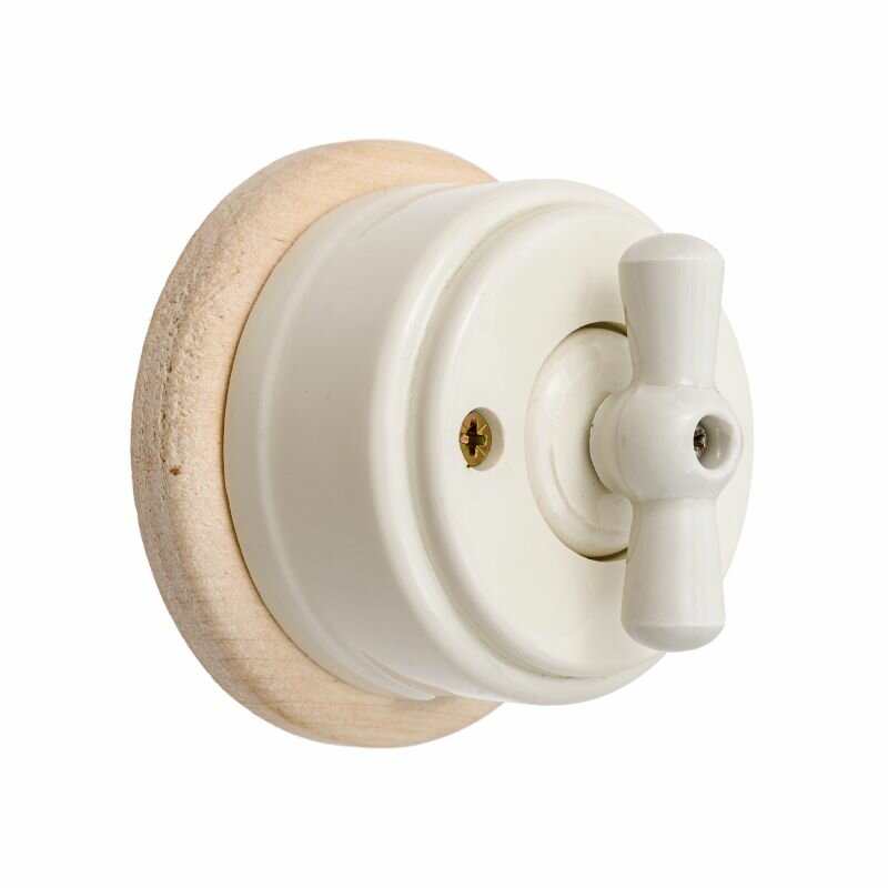 Выключатель ретро одноклавишный (проходной) керамический с ручкой бантик, слоновая кость, подрозетник береза Zion