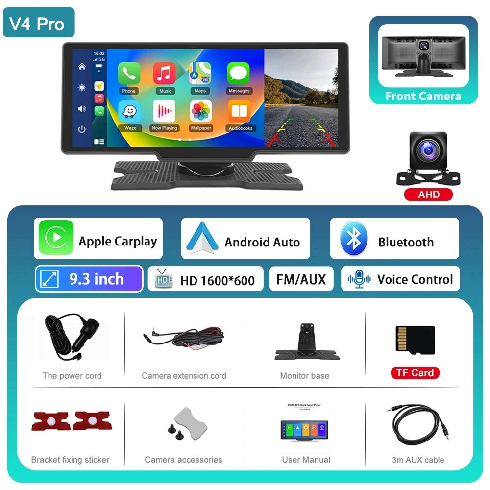 Автомобильный зеркальный видеорегистратор Podofo, 6,86 дюйма/9,3 дюйма, беспроводной автомобильный монитор для воспроизведения, Android, автомобильная приборная панель, DVR, GPS-навигация, экран для воспроизведения автомобиля V4 Pro with TF CAM