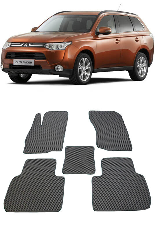 Ева коврики Mitsubishi Outlander III 5мест 2012 -/ Ева ЭВА сота/ цвет Черный c серой окантовкой / EVA Smart / коврики в салон автомобиля Митсубиши