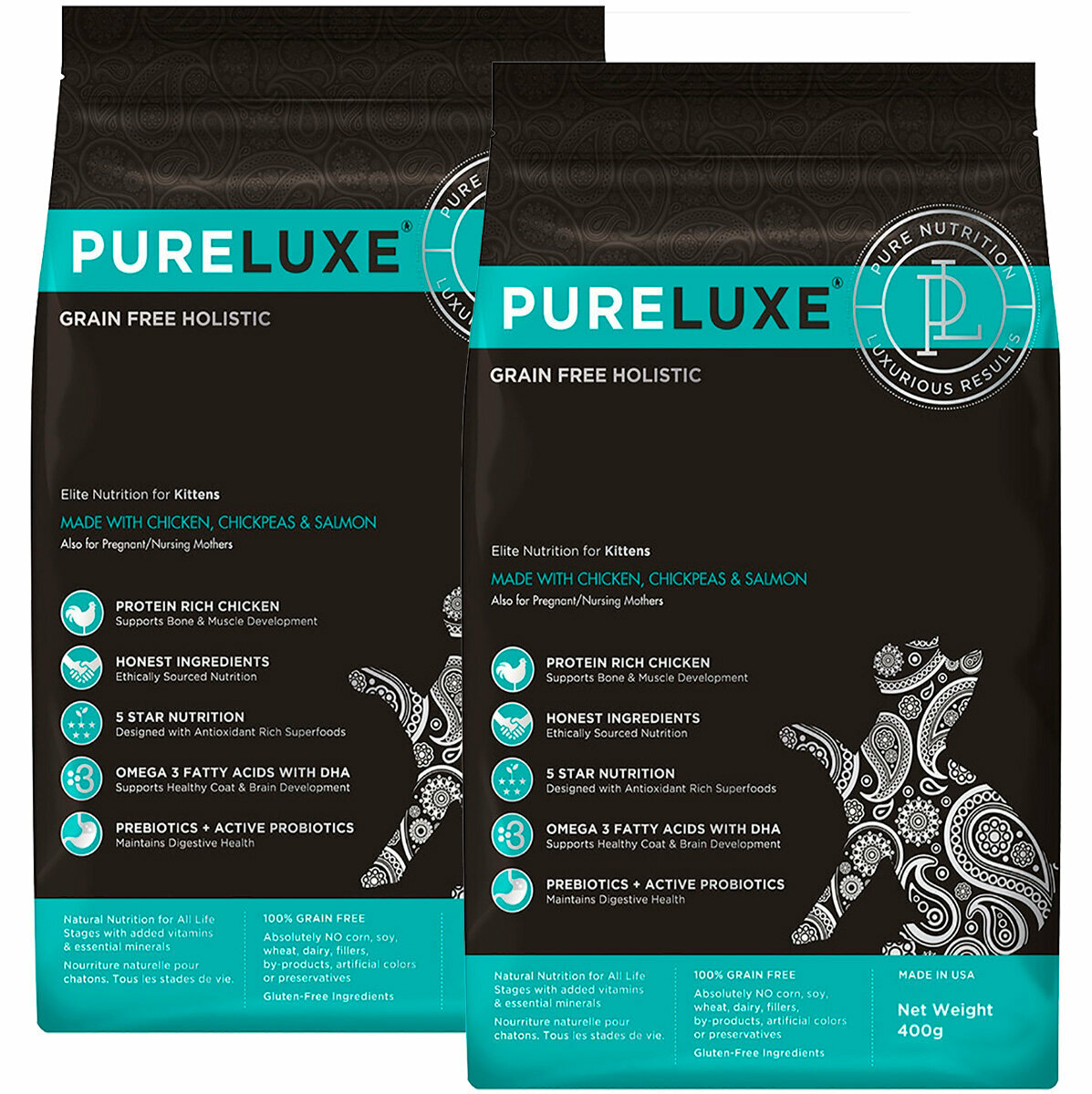 PURELUXE элитное питание беззерновой для котят с курицей, нутом и лососем (0,4 + 0,4 кг)