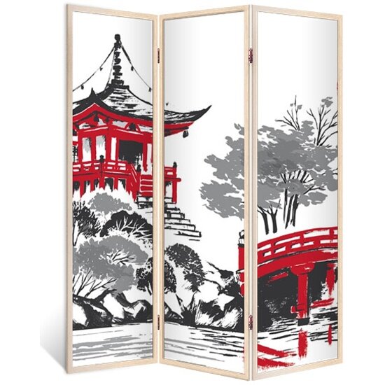 Ширма перегородка Декор Депо для комнаты деревянная "Пагода на холме" двухсторонняя с картинкой (живопись) 3 створки кремовый дуб 176х140 см 11 кг