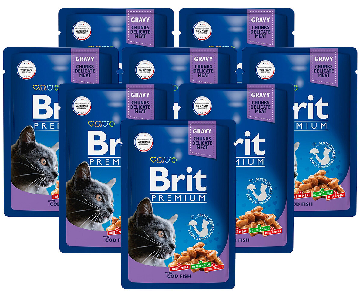 Корм влажный Brit Premium Cat With Cod Fish для взрослых кошек с треской пауч кусочки в соусе, 85 г х 8 шт