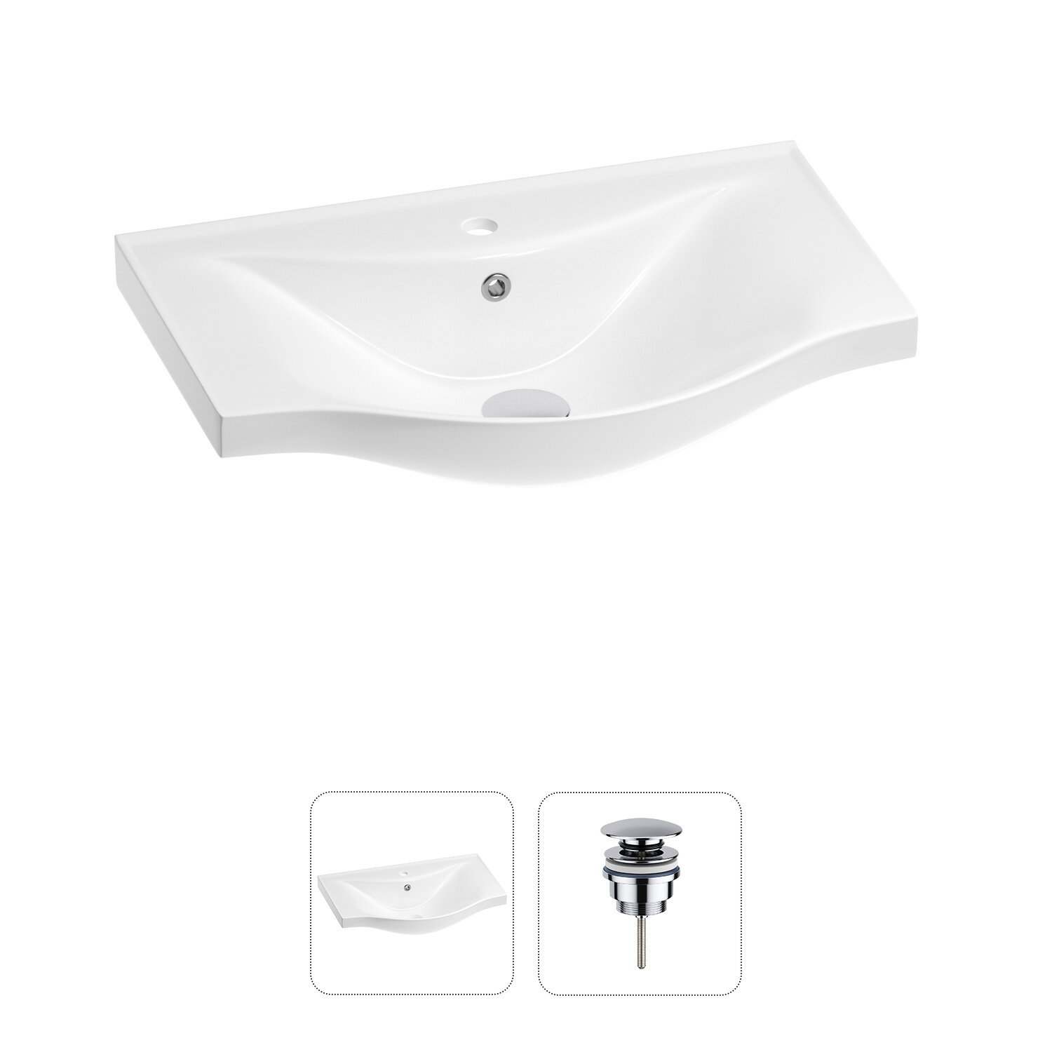 Подвесная раковина в ванную комнату Wellsee Bisou 202011527 в наборе 2 в 1: мебельная полукруглая раковина 55 см, донный клапан в цвете хром