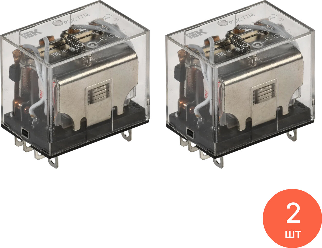 Реле промежуточное IEK / ИЭК РЭК77/4, серебросодержащие контакты, 41x42x27мм, 10А 220В АC, RRP10-4-10-220A / электрика (комплект из 2 шт)