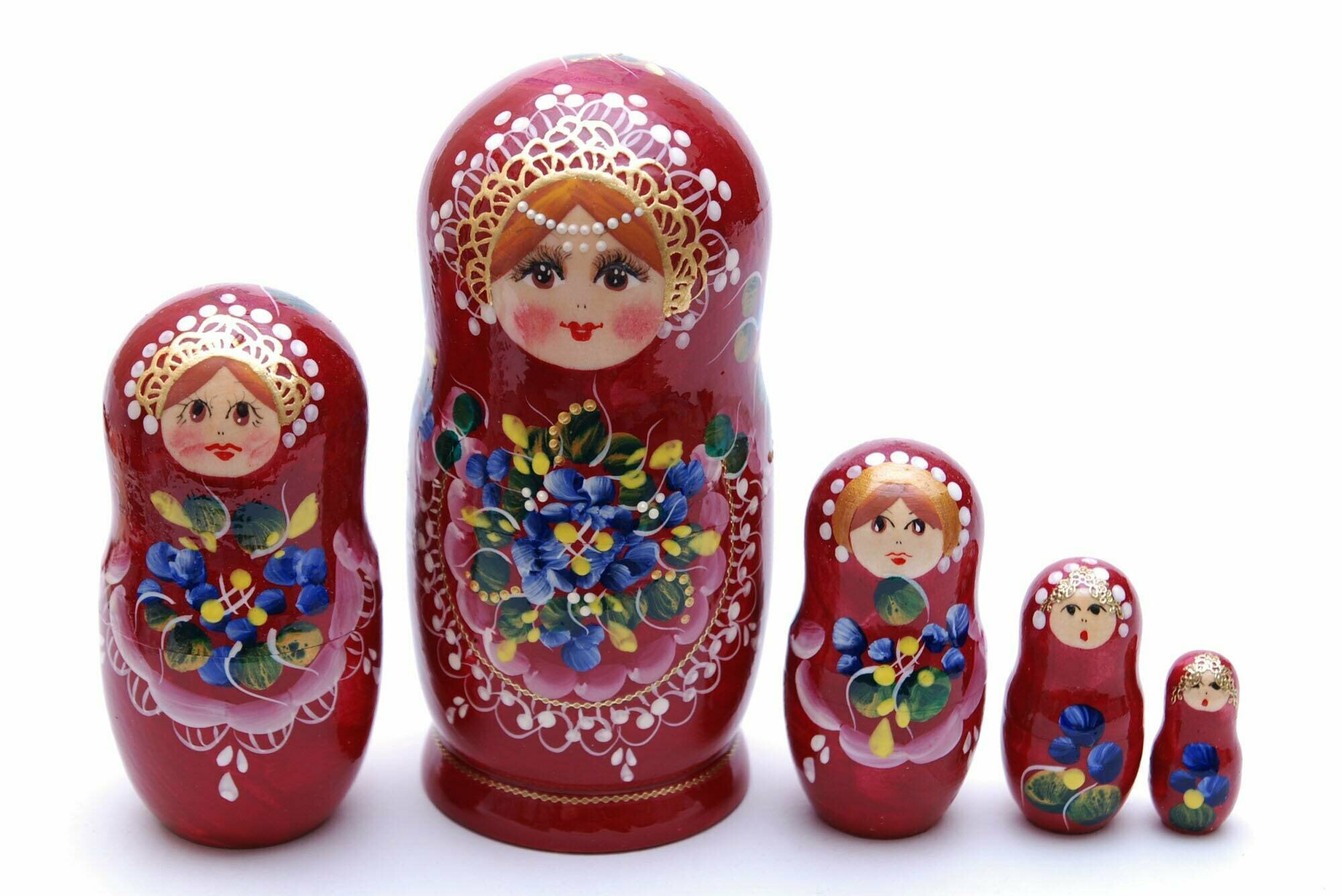 Матрешка авторская бордовая с цветами, высота самой первой 17см