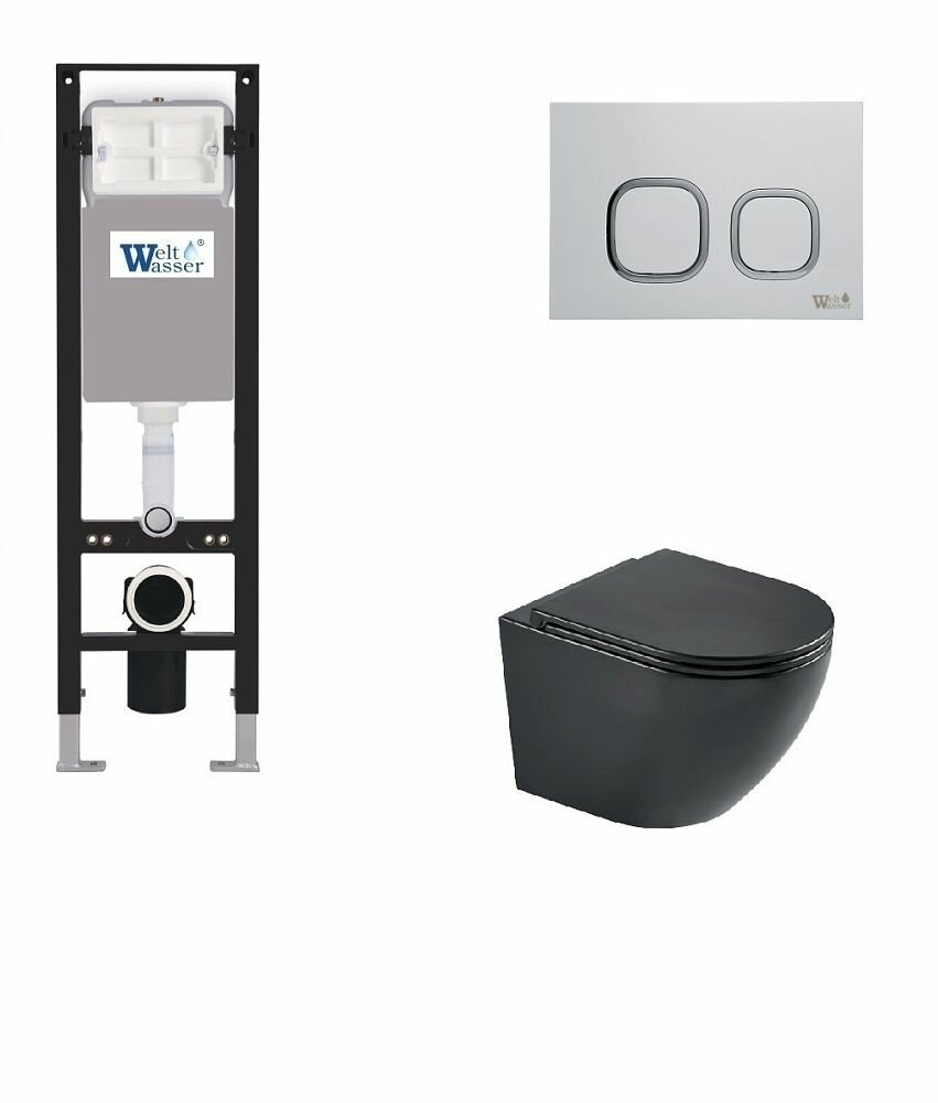 Унитаз с инсталляцией WeltWasser AMBERG 350 + MERZBACH 043 MT-BL + AMBERG RD-WT черный матовый/кнопка белая-хром