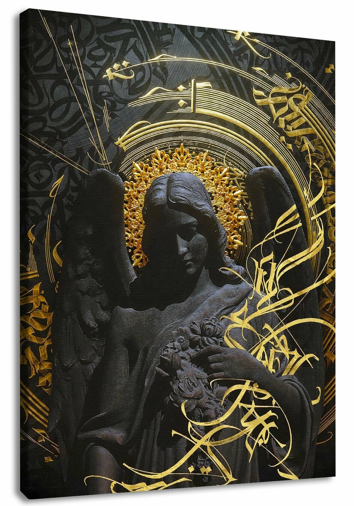 Картина для интерьера на холсте 50х70 см. Современная большая картина на стену в спальню, кухню, гостиную, зал. "Ангел с золотом"