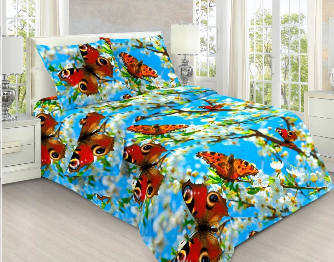 Комплект постельного белья, бязь, натуральный хлопок, 1.5-спальное, Бабочки на цветущей яблоне