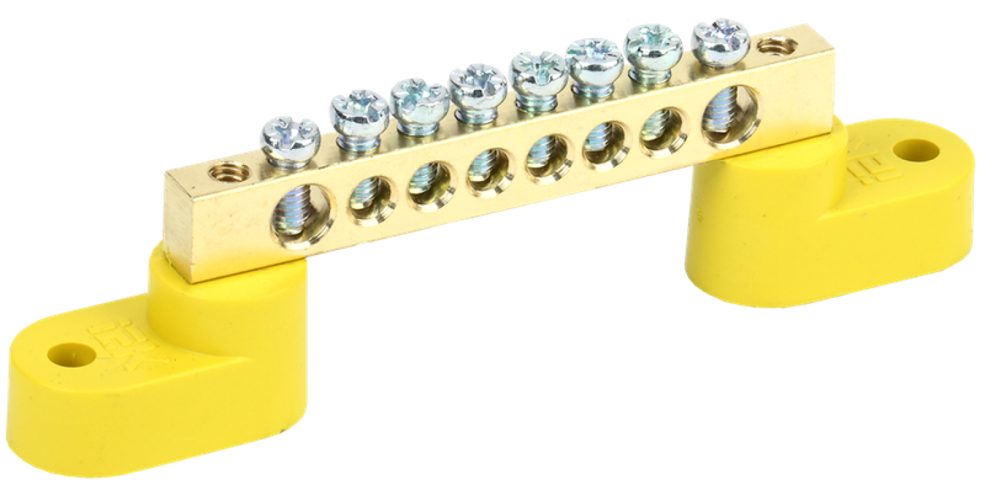 Шина IEK / ИЭК ШНИ-6х9-8-У2-Ж PE земля на двух угловых изоляторах, латунь, 56×28×15мм, 100А, YNN10-69-8C2-K05 / соединитель проводов