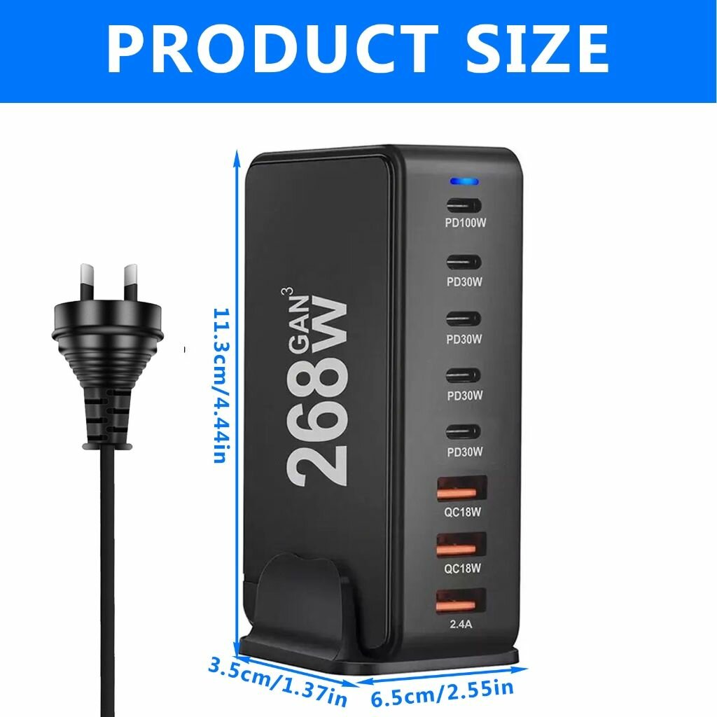 Настольное зарядное устройство GaN PD 268W, быстрая зарядка, черное исполнение