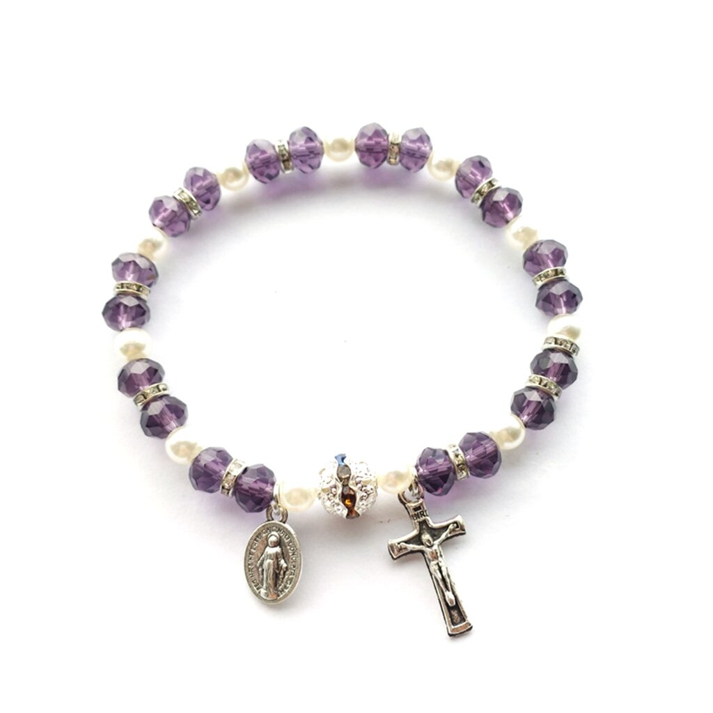 1 нитка эластичных четок из хрусталя с крестом и стразами-фиолетовый