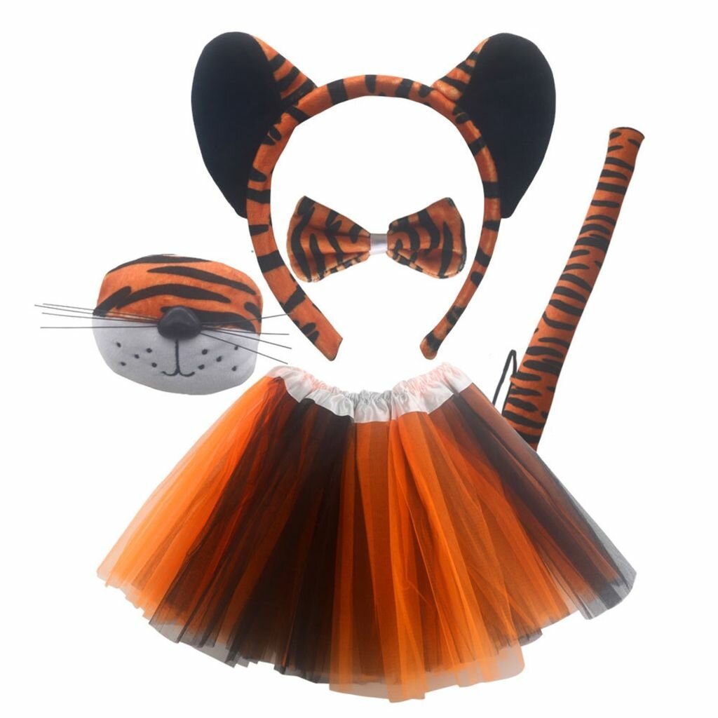 (1 комплект) Костюм Tiger cos-супер мягкий черноухий тигровый костюм из 4 предметов с оранжевой и черной газовой юбкой