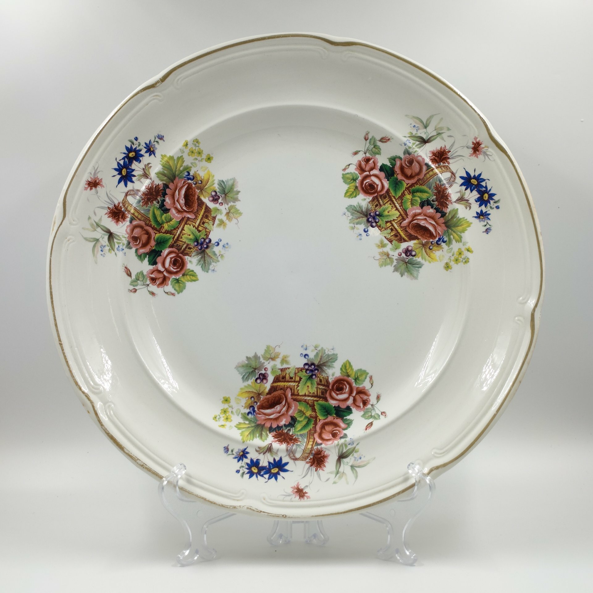 Большое сервировочное блюдо круглой формы с цветочным декором, фаянс, деколь