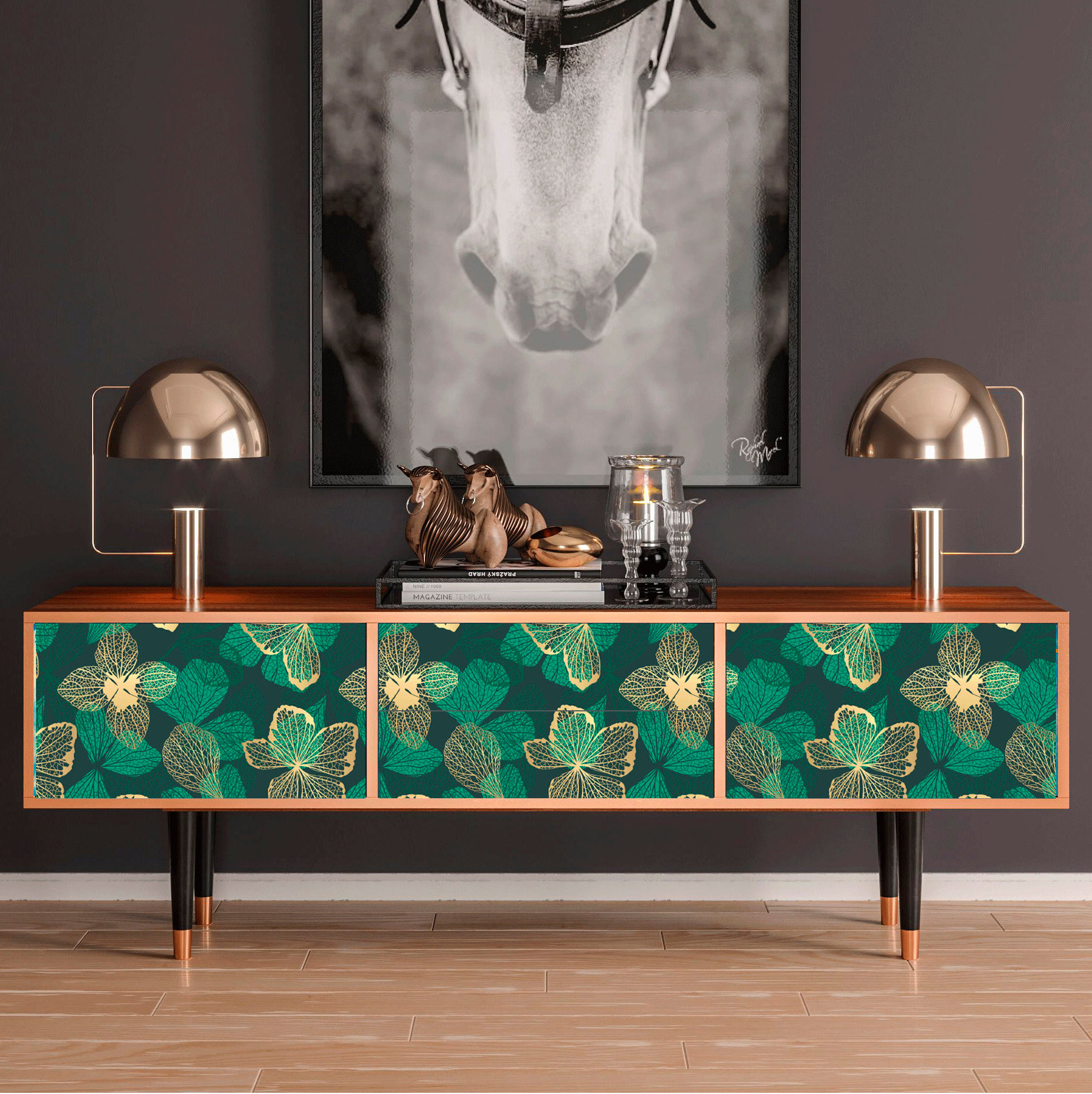 ТВ-Тумба - STORYZ - T4 Green Flower, Размер - 170 x 59 x 48 см, Цвет корпуса - , Орех