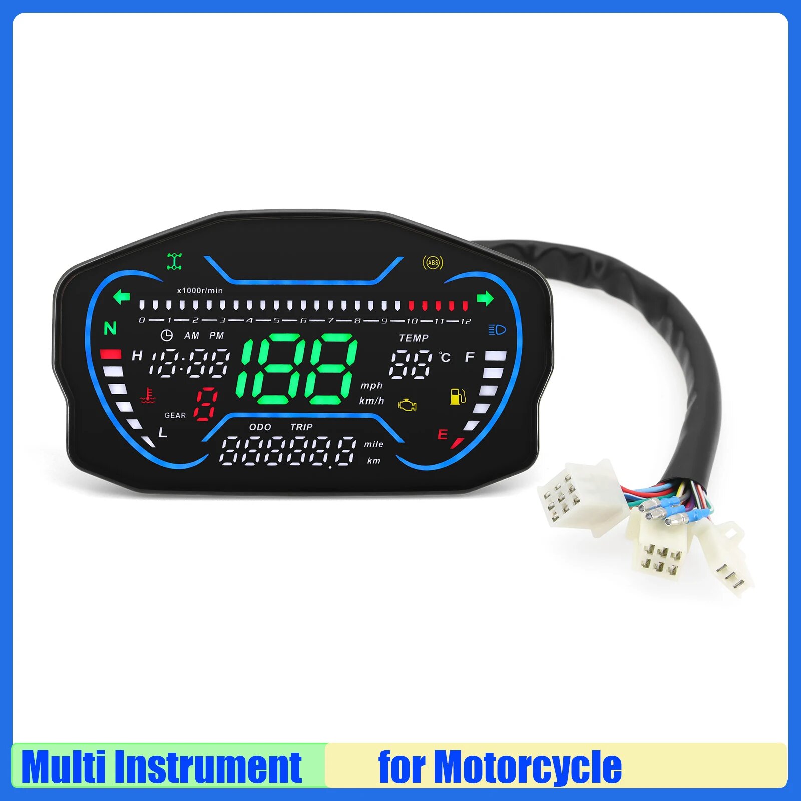 Многофункциональный измеритель, цифровой мотоциклетный инструмент 0 ~ 12000 об/мин, спидометр, температура, часы, счетчик топлива, ODO, поездка, ABS, заказ