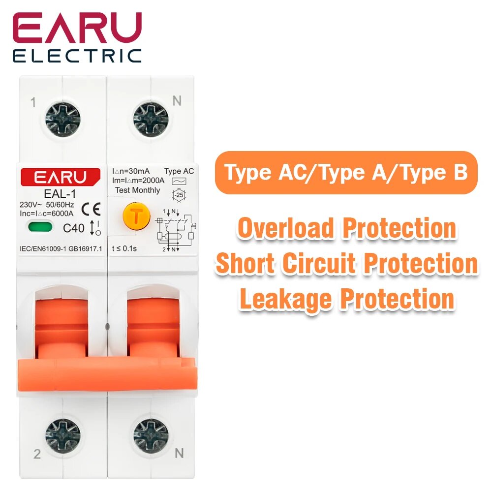 EARU Автоматический выключатель 2P 40A 30mA Type B