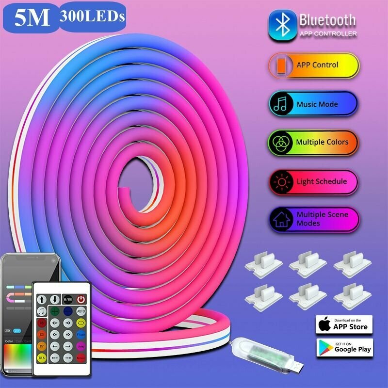 Умная жизнь фото неоновая веревка, 5 м 300 светодиодов, Светодиодная лента из силикона с питанием от USB, RGBIC, Гибкая лента с управлением через приложение IP67 для самостоятельного стайлинга