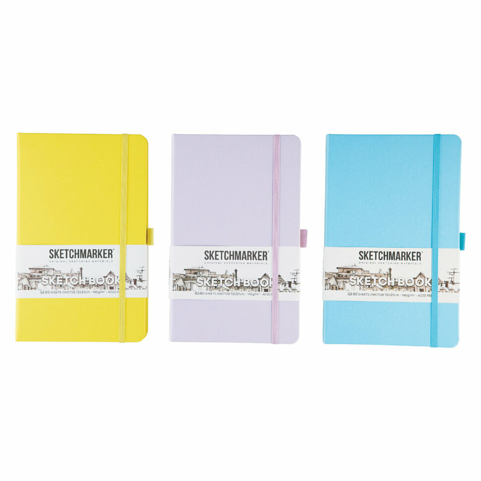 Скетчбук, слоновая кость, 140 г/м2, 130х210 мм, 80 л, Кожзам, резинка, SKETCHMARKER, 3 цвета пастель, 2972, 23142972OFM, 3 штук, 116506